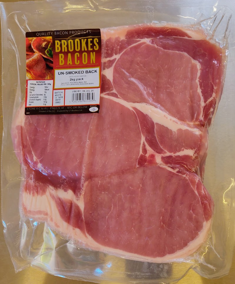 Brookes Rindless Premium Back Bacon - 2kg packet - spotonwholesalefoods.co.uk